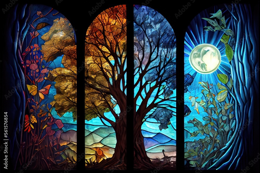 Generative AI illustration of luminous stained glass window showing the ...