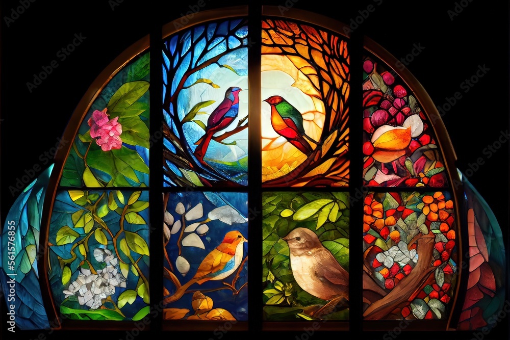 Generative AI illustration of luminous stained glass window showing the ...