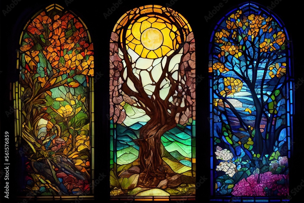 Photo & Art Print Generative AI illustration of luminous stained glass ...