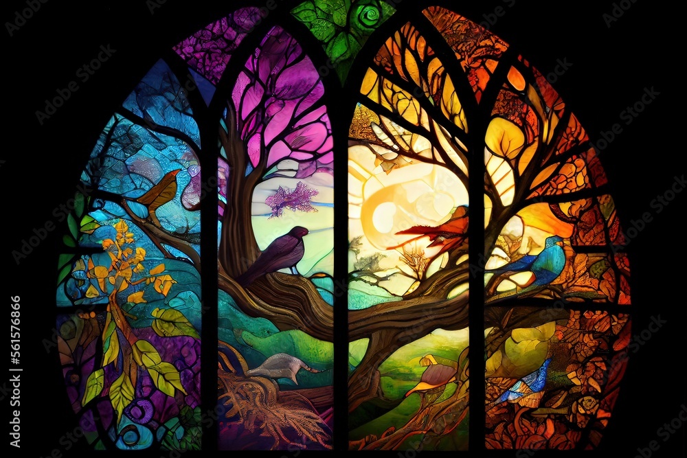 Generative AI illustration of luminous stained glass window showing the ...