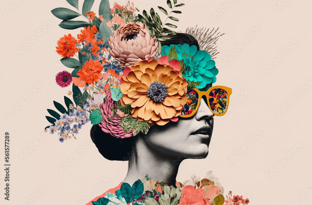 Portrait of a woman with lots of flowers. Abstract trendy art paper ...