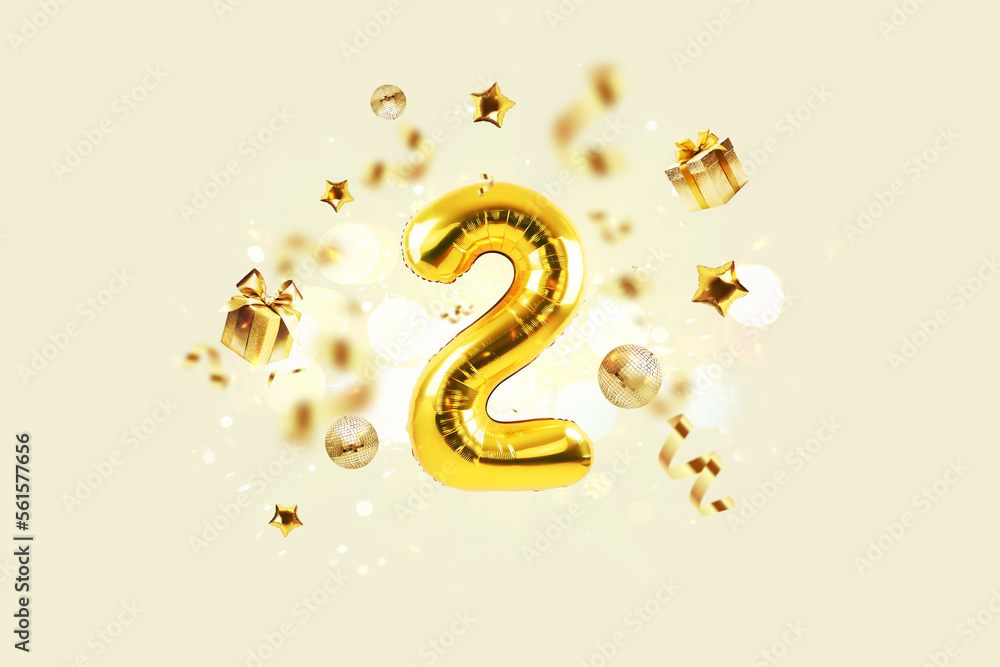 Golden number 2 is flying with golden confetti, gifts, mirror ball and ...