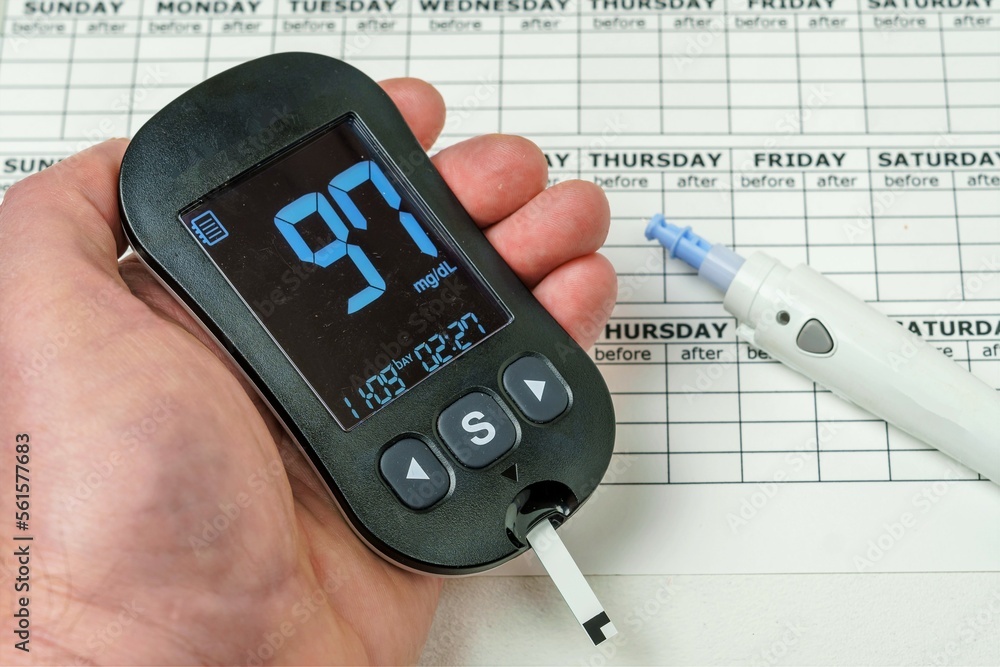 Hand Holding A Glucometer To Determine The Level Of Sugar In The Blood Concept Of High Blood hand-holding-a-glucometer-to-determine-the-level-of-sugar-in-the-blood-concept-of-high-blood