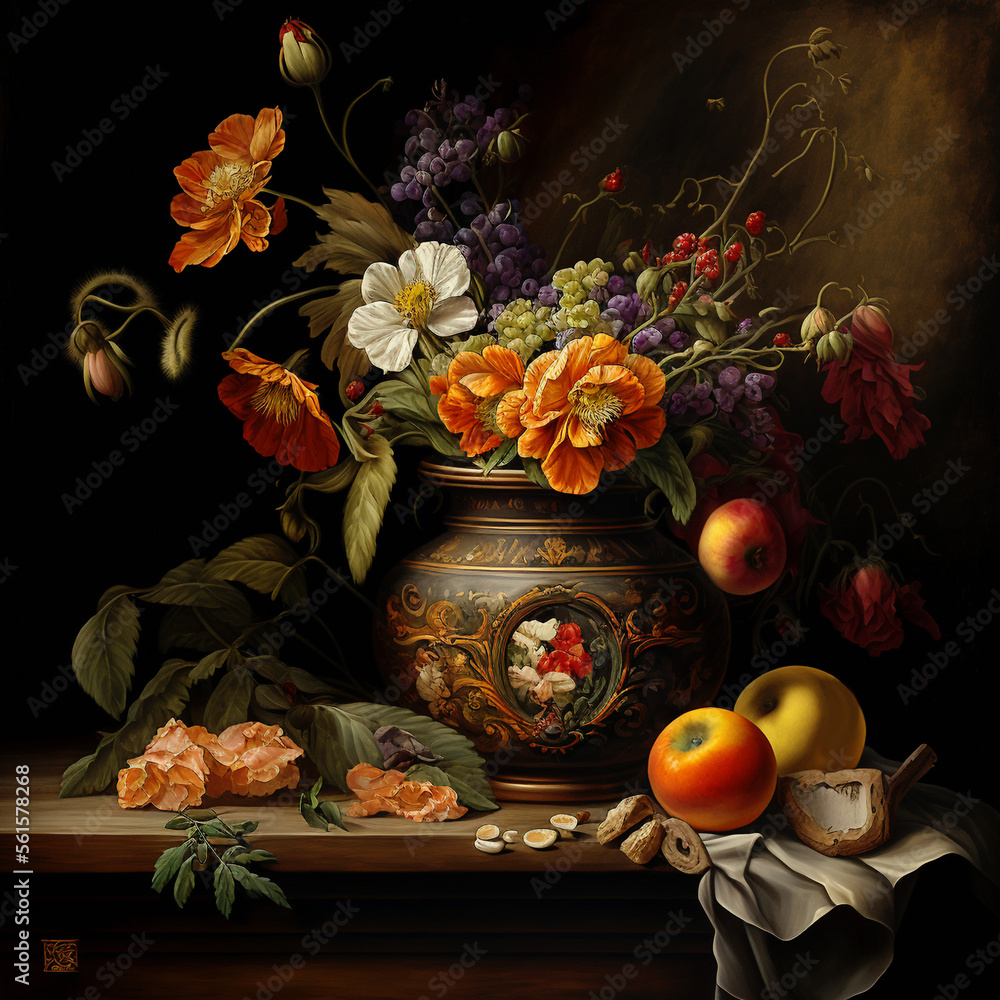 Baroque still life in Renaissance style, vase with poppies, apples ...