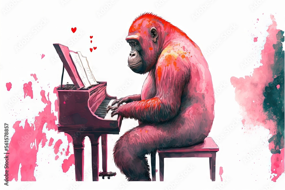 a monkey sitting at a piano playing a musical instrument with a pink ...