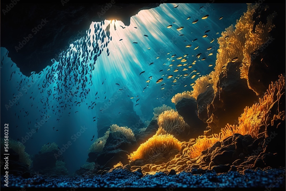 a large group of fish swimming in a cave filled with water and rocks ...