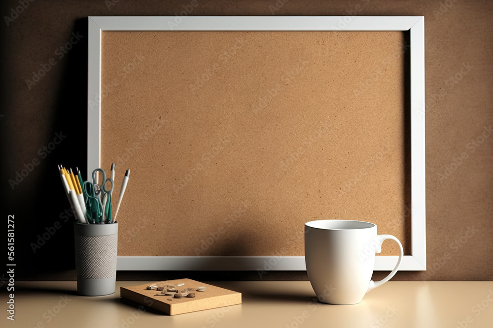 Desk layout idea. Mockup of a blank photo frame on a cork wall. Cork ...