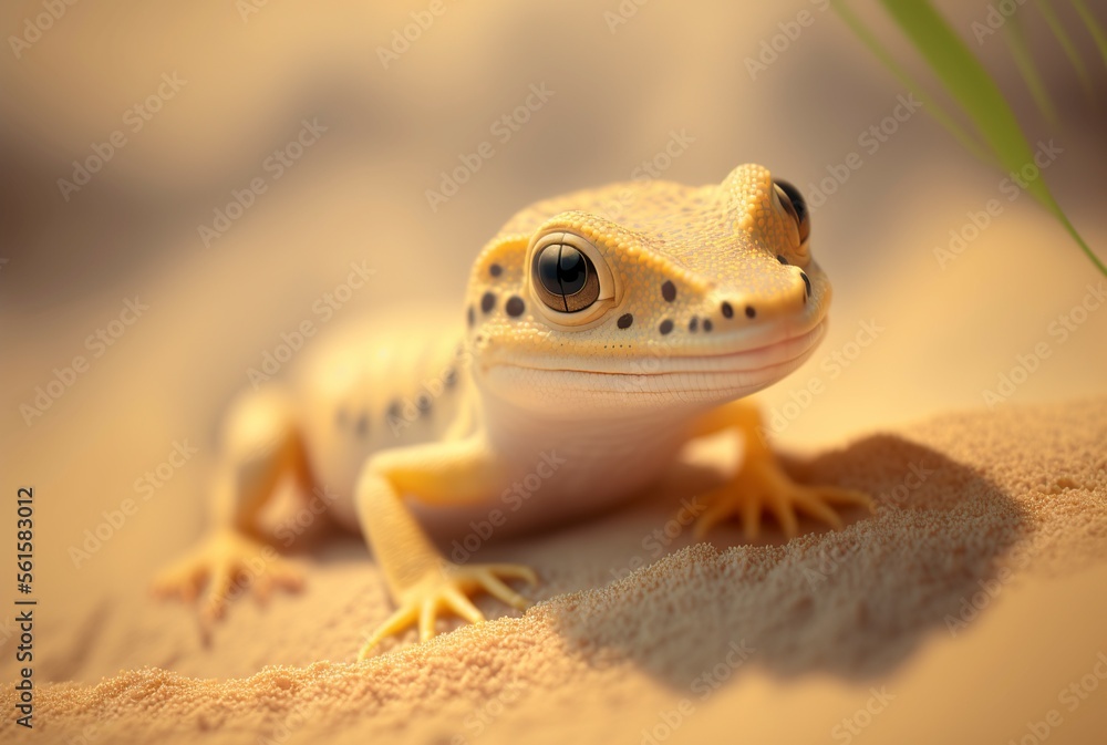 Sand gecko stenodactylus petrii sunbathing on the sand close up ...