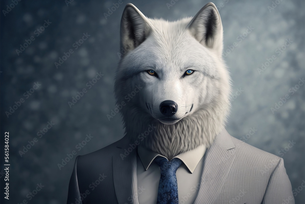 Portrait of a white wolf dressed in a formal business suit, generative ...