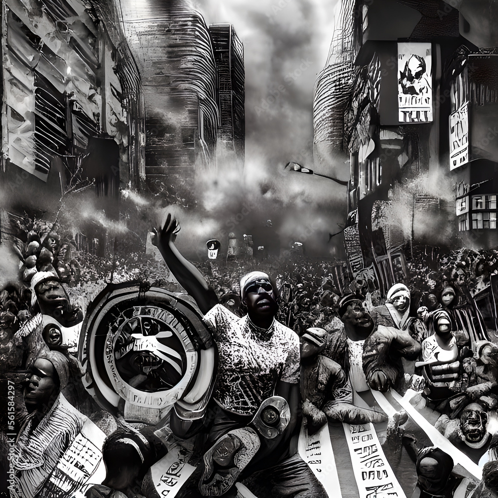 Concept art of riots in an African- American city. Streets on fire ...