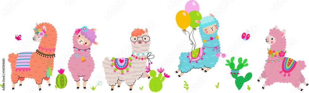 Vetor de Cute cartoon llama banner. Funny fluffy alpaca jump with ...