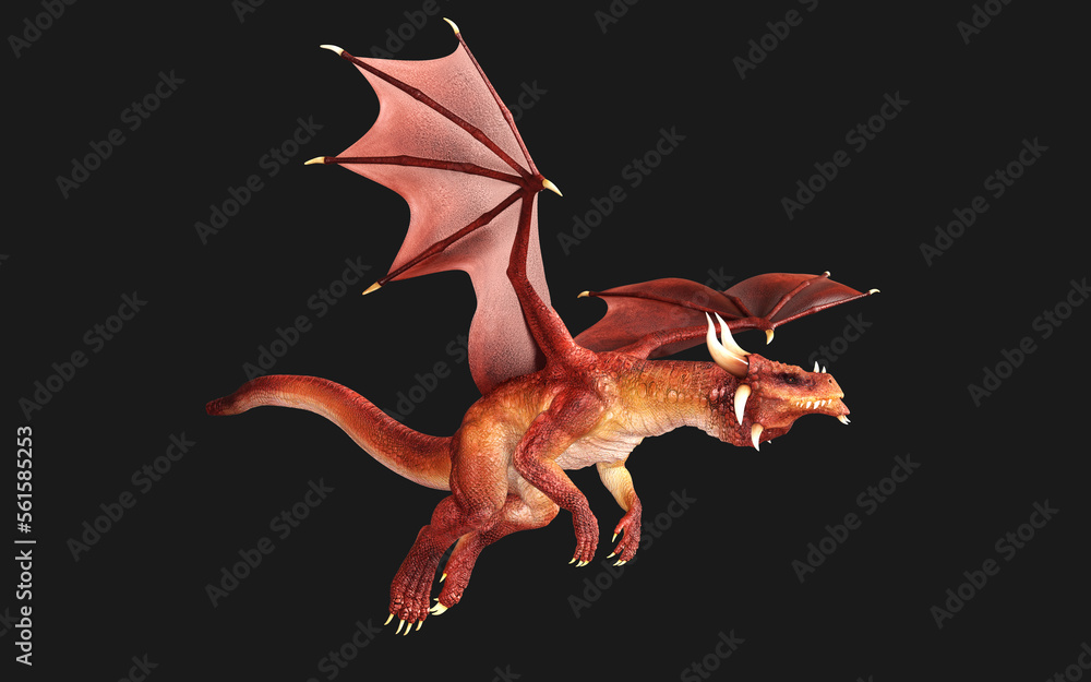 3d illustration of a red fantasy dragon posing isolated on black ...