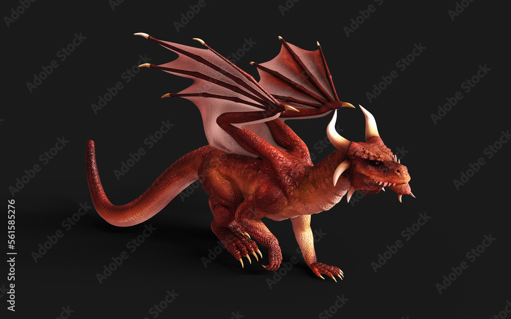 3d illustration of a red fantasy dragon posing isolated on black ...