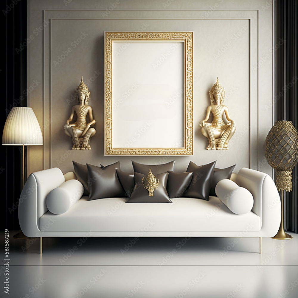 Thai theme Mock up frame in home interior background, neutral room with ...