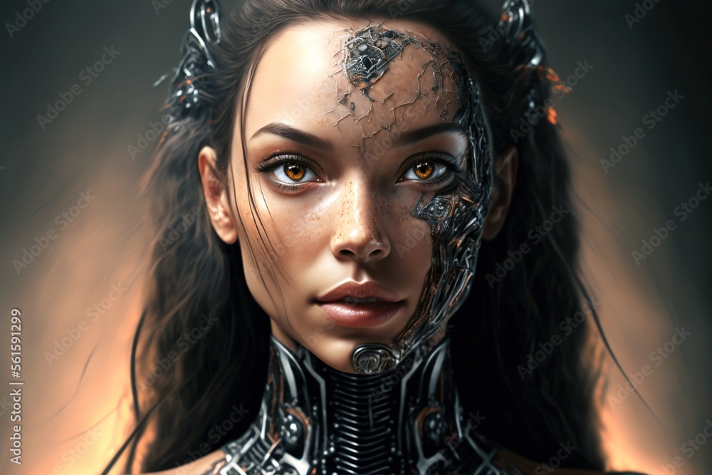 A Futuristic Dark Skinned Cyborg Woman With A Half Robot Face Brown