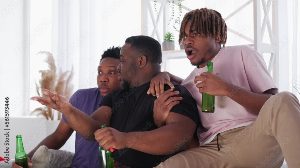 Horror TV. Terrified black men. Friendly meeting. Funny scared male ...