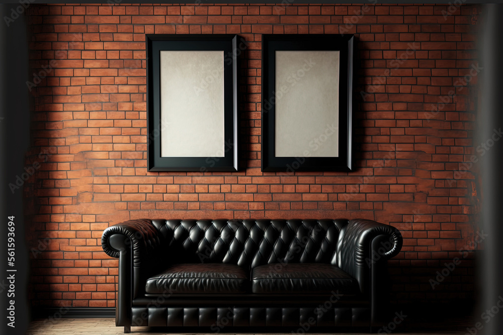 Two empty posters and a plush black leather sofa against a red brick ...