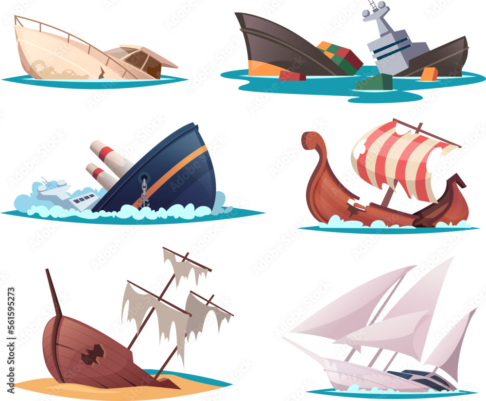 Broken ship. Damaged sailor boats swim accident crash brigantine exact ...