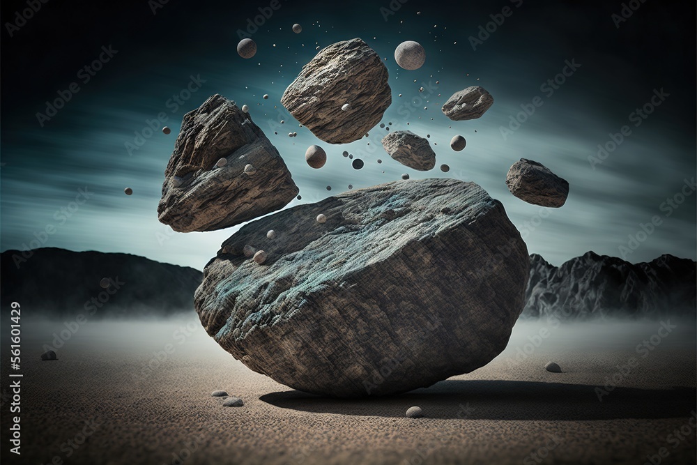 a rock with a bunch of rocks falling off of it in the air and some ...