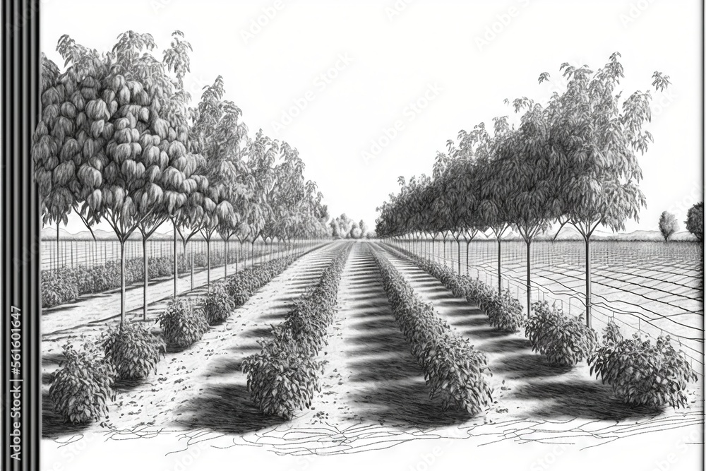 a drawing of a row of trees in a field with a fence and a field of ...