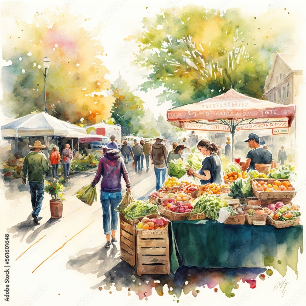 Stockillustratie a watercolor painting of a farmers market with people ...