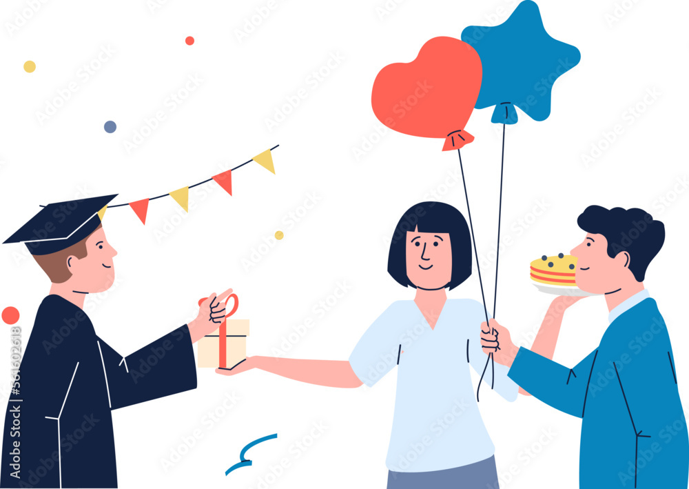Parents congrats graduate with balloons, cake and gift. Happy student ...