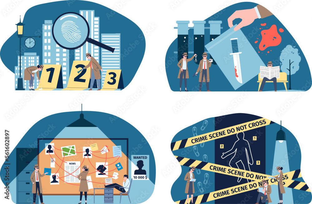 Detective investigation flat scenes. Crime mysterious space, detectives ...
