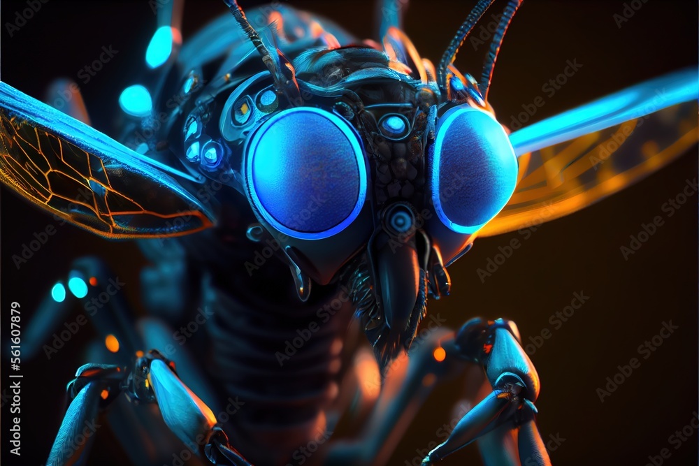 Glowing AI cyborg fly mosquito, menacing glowing, horror, digital ...