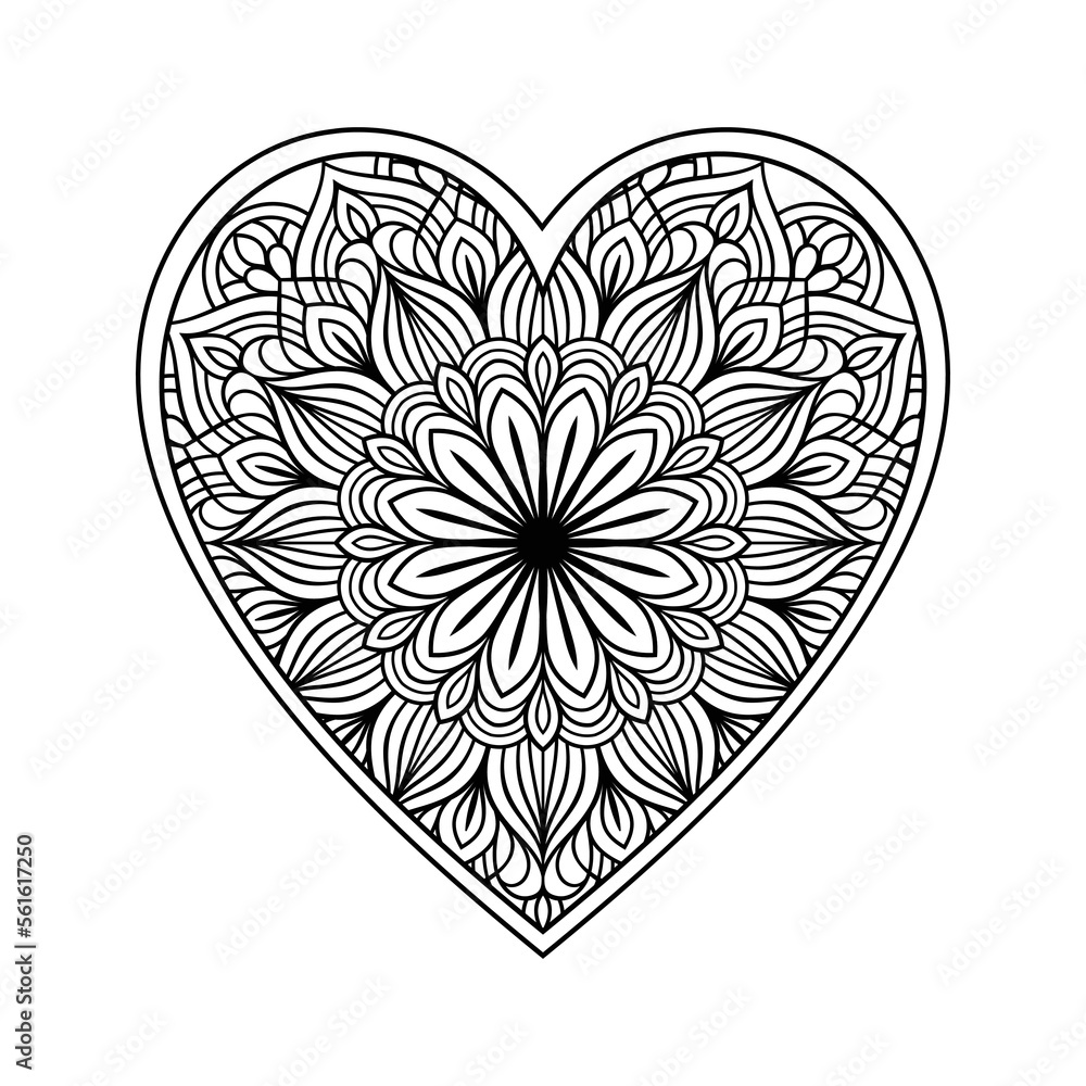 Heart mandala coloring page for adult, heart with floral mandala ...