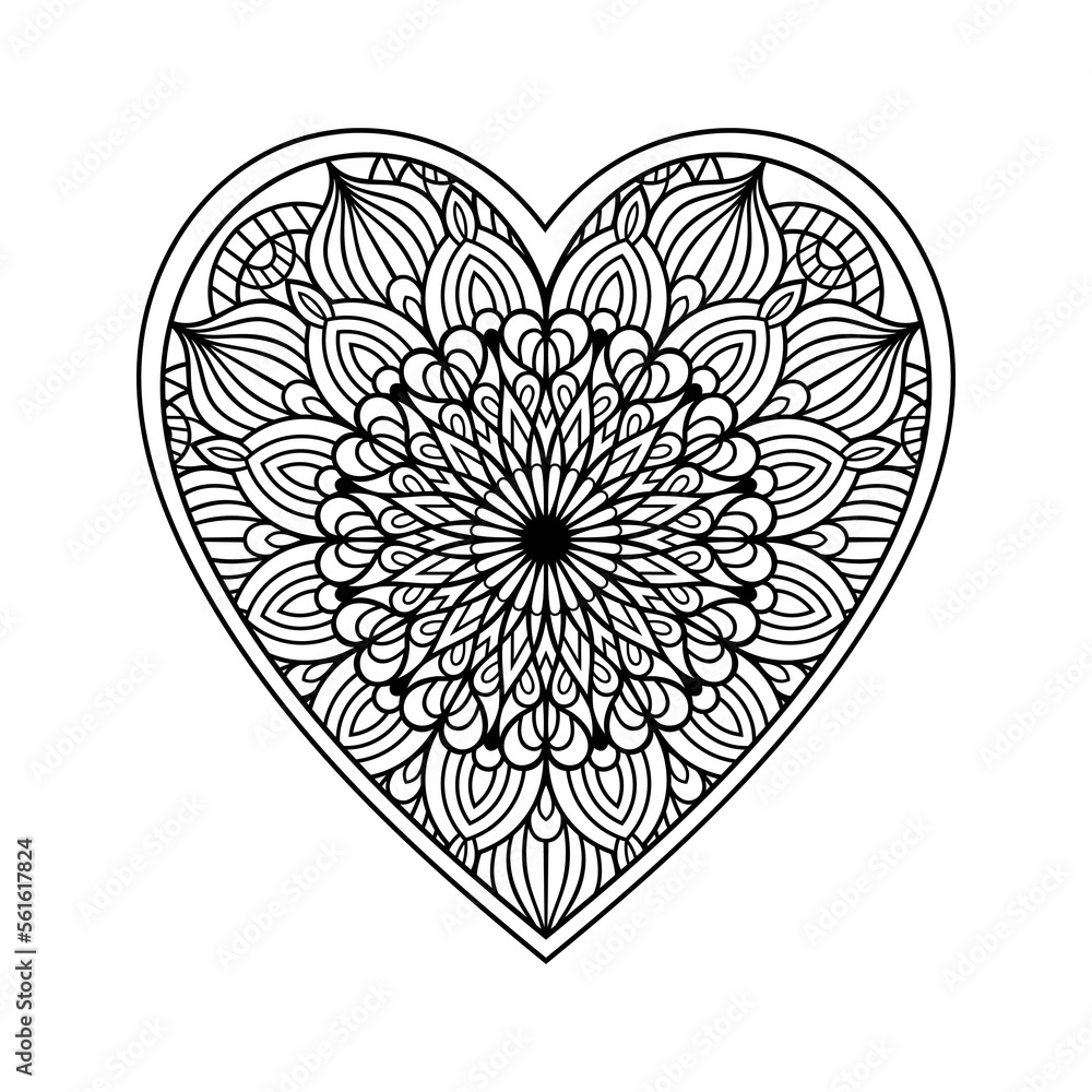 Heart mandala coloring page for adult, heart with floral mandala ...