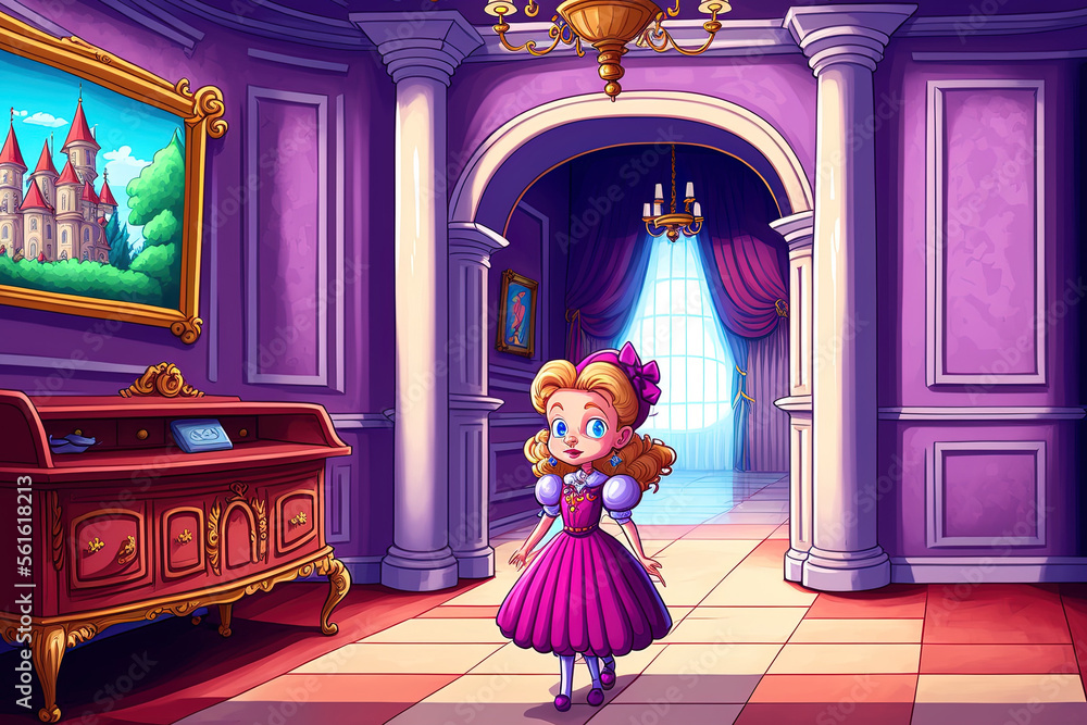 cartoon scene with castle palace room and princess illustration for ...