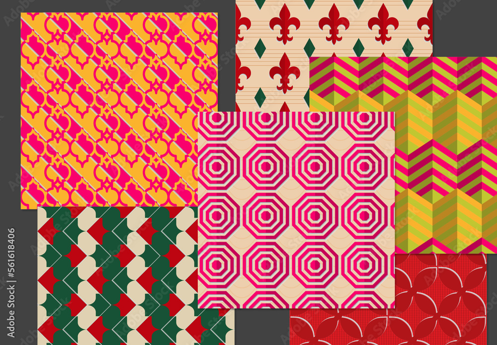 Seamless Pattern Set with Retro Colored Geometric Shapes and 3D Shadow ...