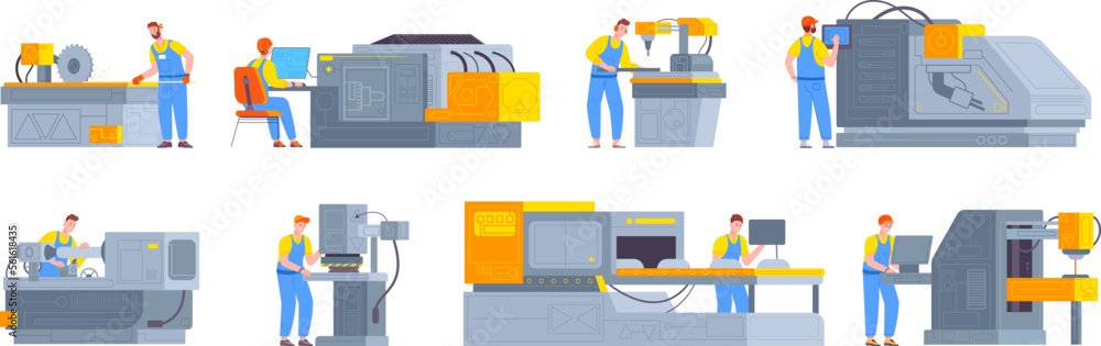 Operators at factory machines. Worker on automatic production machine ...