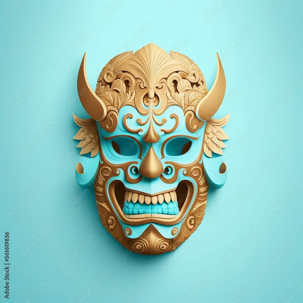 Balinese style mask isolated on light blue background. Evil looking ...