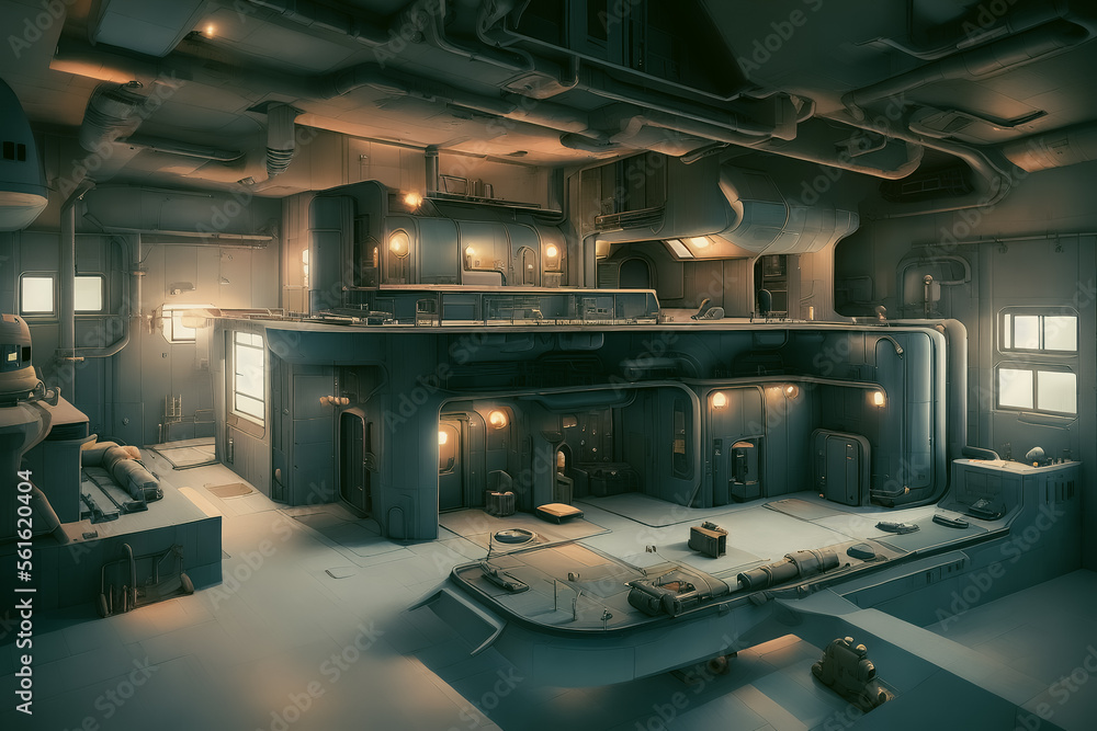 Abstract painting of interior of a military base, The color scheme is ...