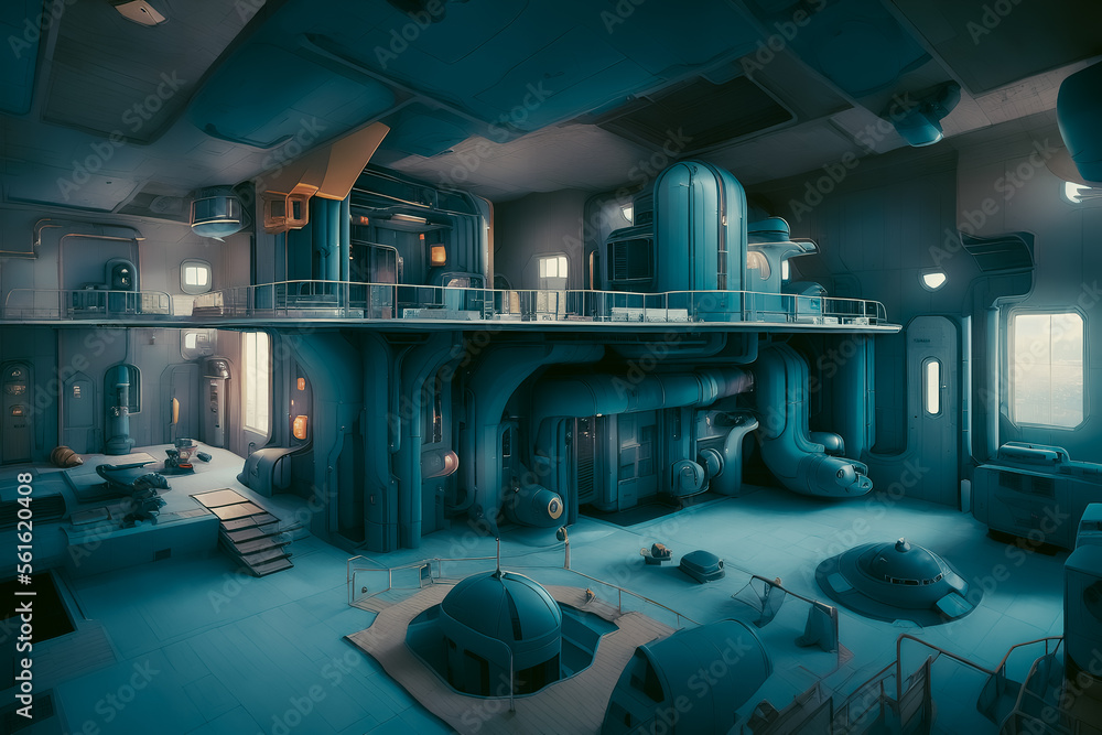 Abstract painting of interior of a military base, The color scheme is ...