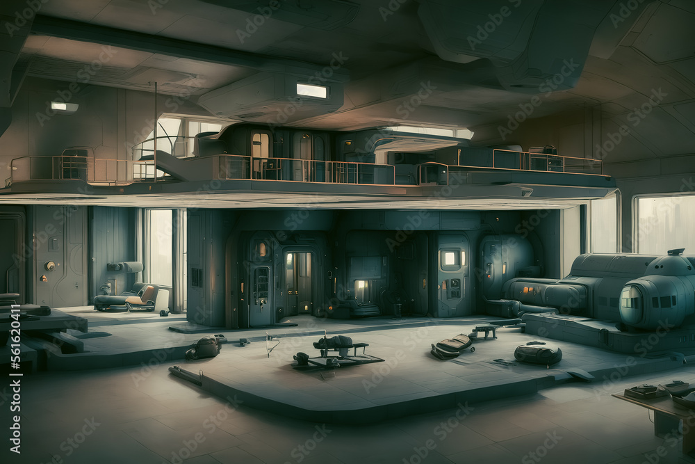 Abstract painting of interior of a military base, The color scheme is ...