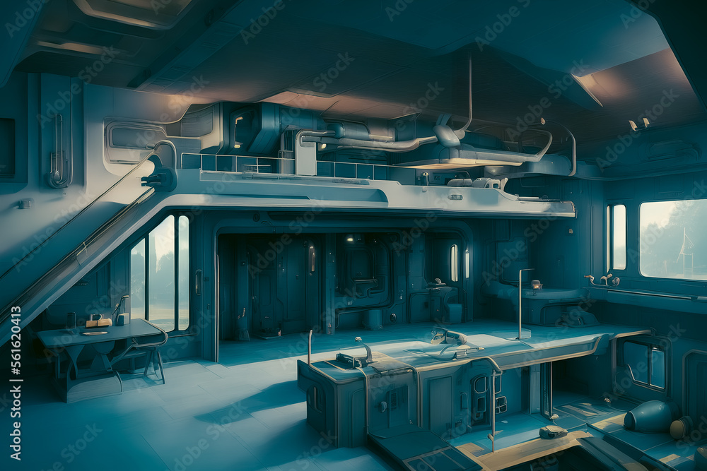 Abstract painting of interior of a military base, The color scheme is ...