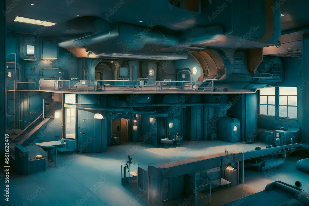 Abstract painting of interior of a military base, The color scheme is ...