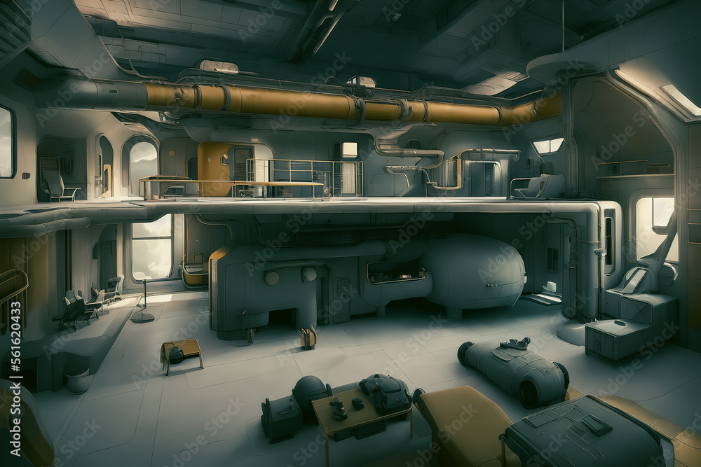 Abstract painting of interior of a military base, The color scheme is ...