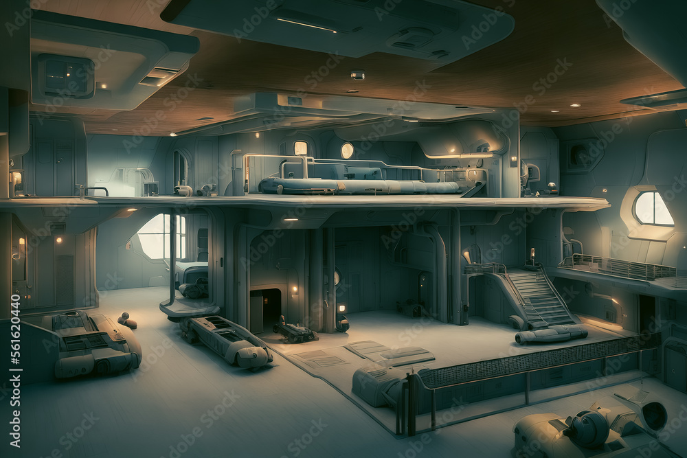 Abstract painting of interior of a military base, The color scheme is ...