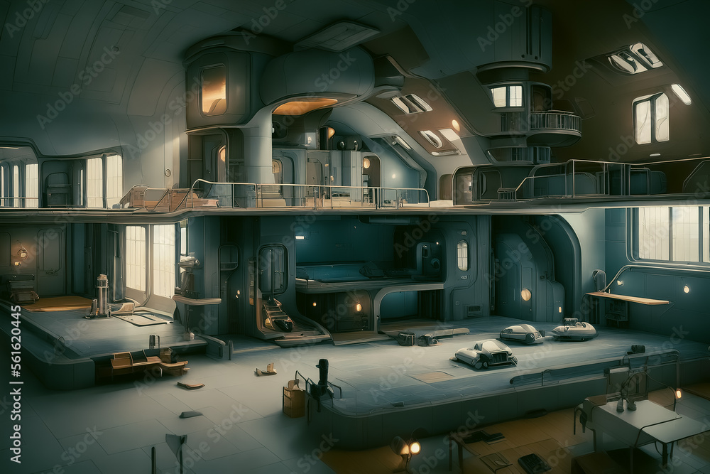 Abstract painting of interior of a military base, The color scheme is ...