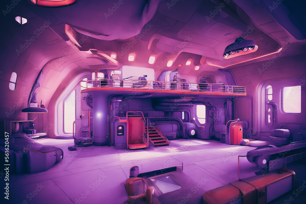 Abstract painting of interior of a military base, The color scheme is ...