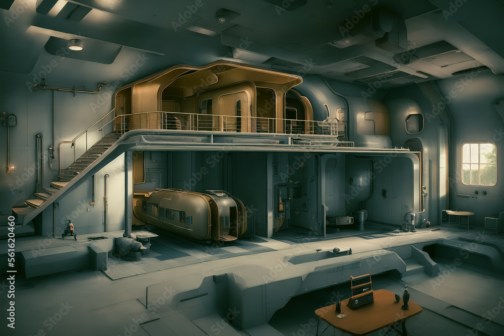 Abstract painting of interior of a military base, The color scheme is ...