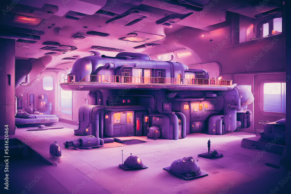 Abstract painting of interior of a military base, The color scheme is ...