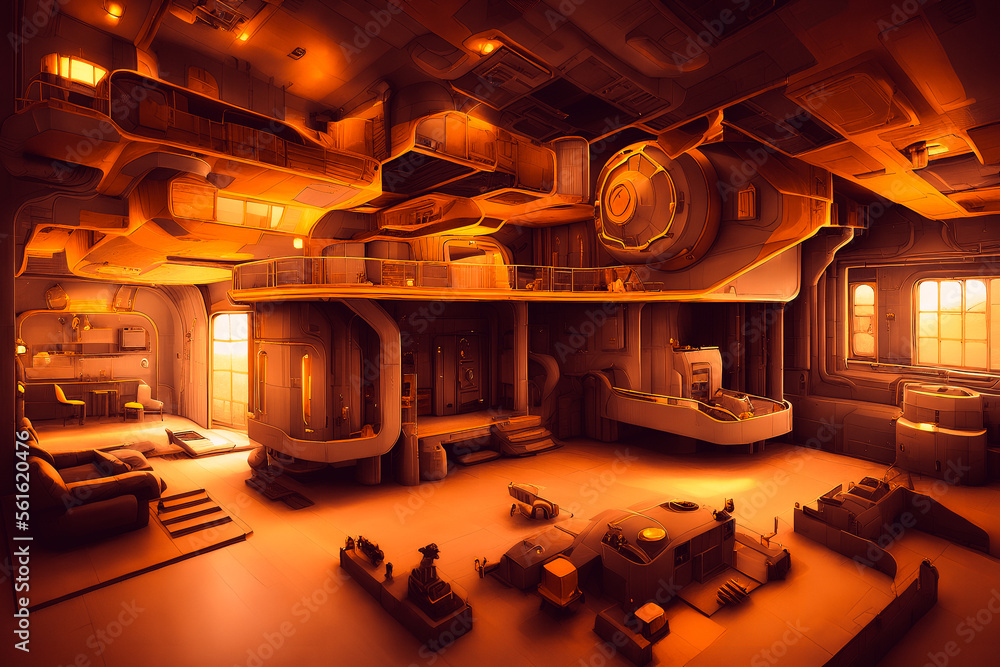 Abstract painting of interior of a military base, The color scheme is ...