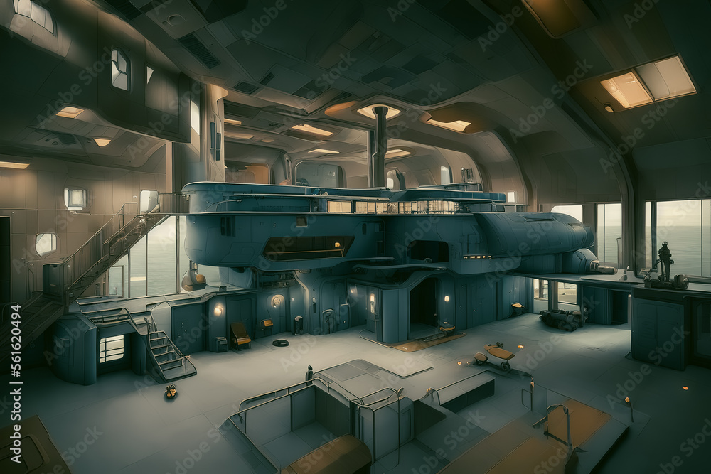 Abstract painting of interior of a military base, The color scheme is ...