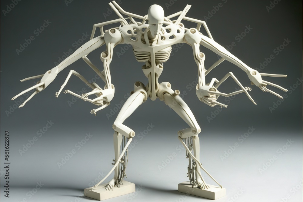 a white robot with arms and legs extended and a skeleton body on a ...