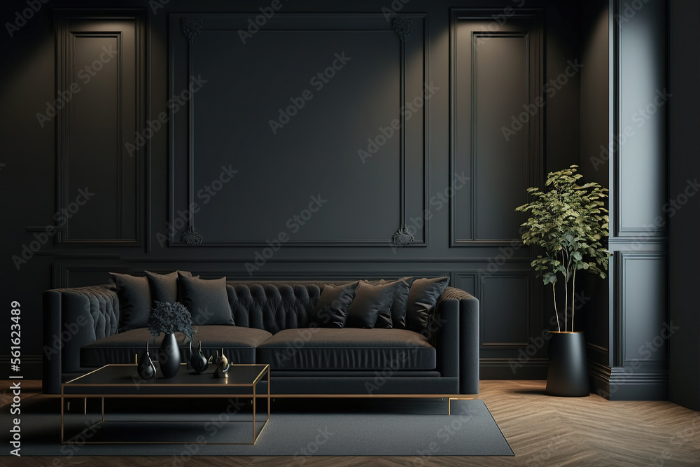 Black interior modern classic. A large black sofa, a sofa in expensive ...