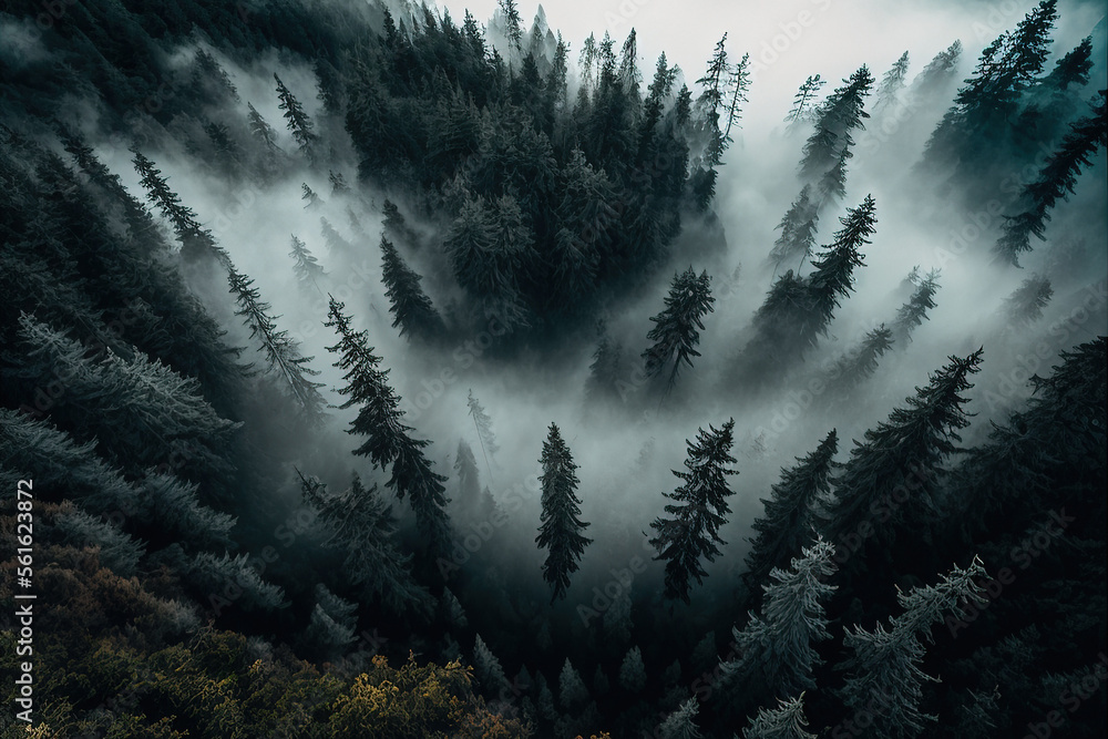 Beautiful foggy dark green forest, top view, aerial photography ...